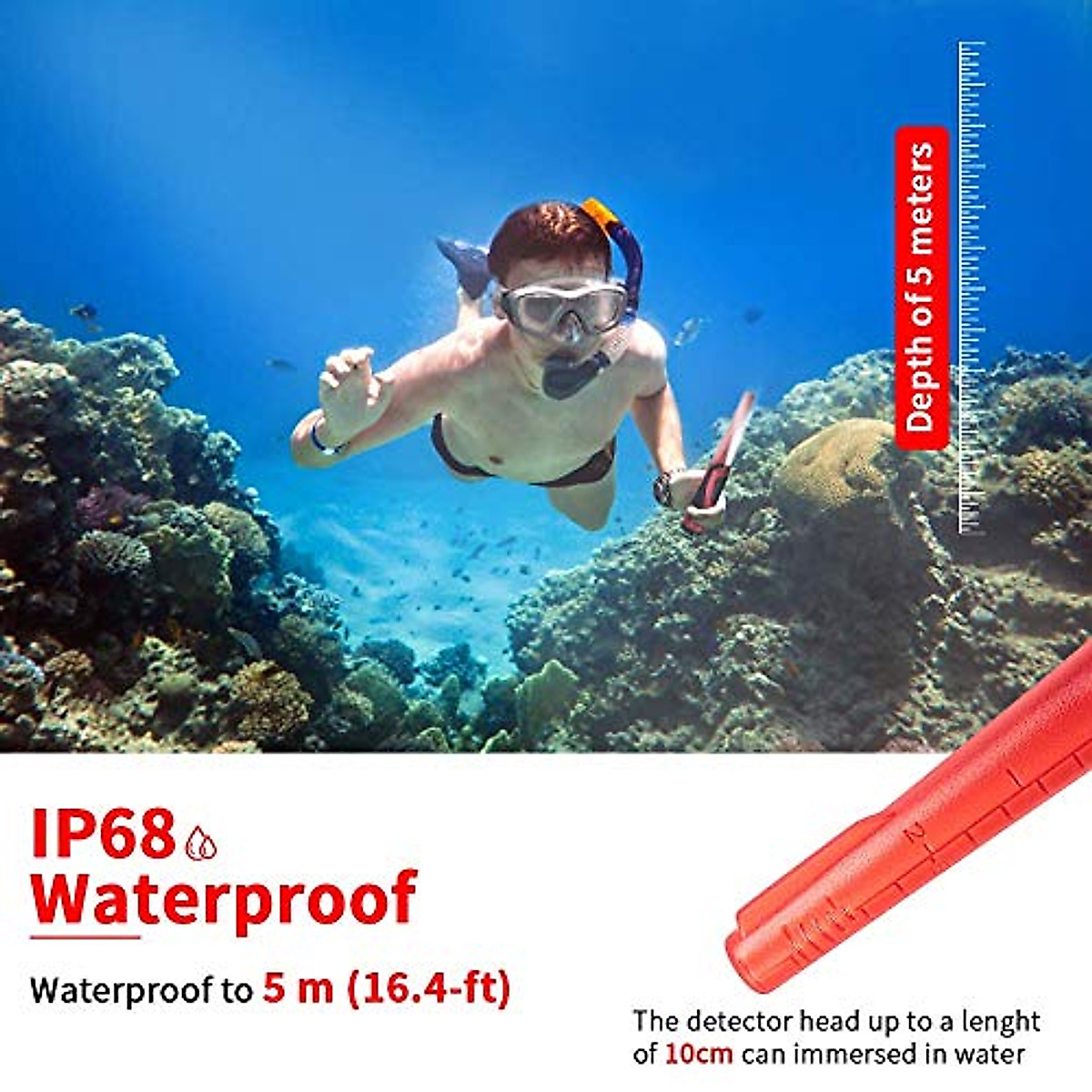Fully Waterproof Portable Pinpointing Gold Metal Detector with LED Flashlight, 360 Degree Searching Pinpointer, IP68 Underwater to 5m/16.4feet Treasure Hunter for Adults and Kids, Three Modes, Red