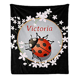 Custom Blanket with Name Text,Personalized Cute Ladybug on Pink Flower Super Soft Fleece Throw Blanket for Couch Sofa Bed (50 X 60 inches)
