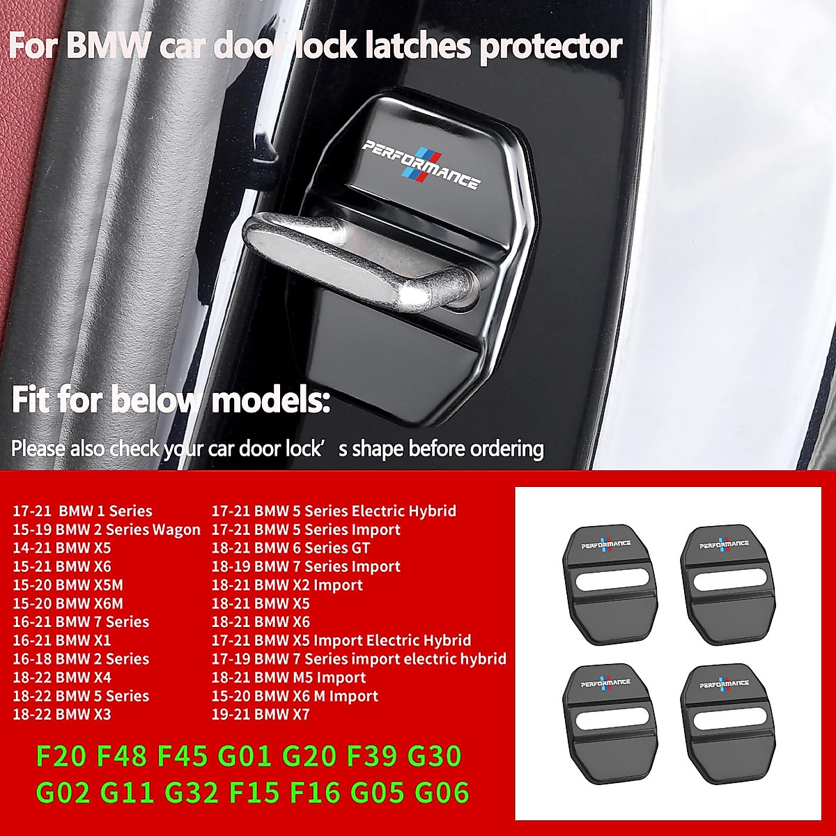 Speechn Car Door Lock Latches Cover Protector Replacement for BMW Car Accessories 1 2 5 6 7Series X1 X3 X5 X6 F15 F20 F45 G01 G02 G20 G30（4Pcs Black