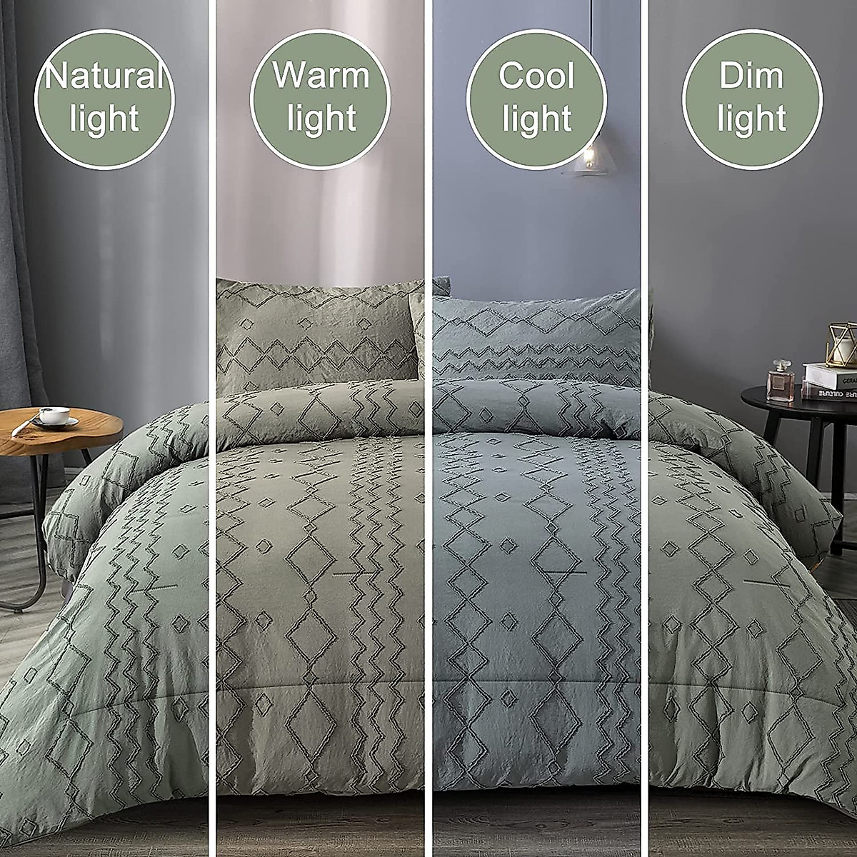 WONGS BEDDING Green Tufted Comforter Set Full Size (80×90 inches), Boho Shabby Chic Comforter Geometry Embroidery Bedding Set 3 Pieces Soft Microfiber Comforter for All Seasons