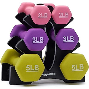 Amazon Basics Neoprene Coated Hexagon Workout Dumbbell Hand Weight, Rack with 2, 3, and 5 pound, Set of 3, Total 20 lb, Pink/Purple/Green
