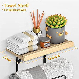 Goramio Wall Mounted Towel Rack for Bathroom - Metal Towel Storage Organizer with Wooden Top Shelf and 4 Hooks - Towel Holder for Rolled Towels, Bath Towels, Washcloths, Hand Towels, Small Towels