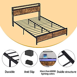 HoldoLife Queen Size Bed Frame with LED Lights and 2 USB Ports, Industrial Platform Bed with Storage Headboard, Non-Slip Noise Free Bed Frame, Rustic Brown, Easy Assembly (Queen)