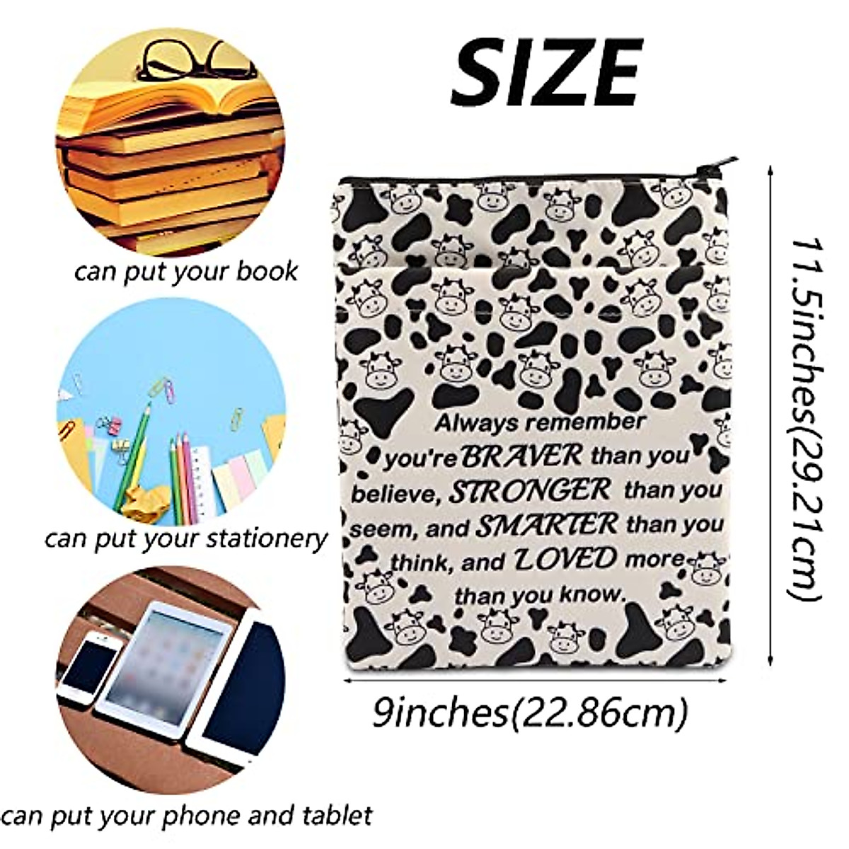 WSNANG Cow Gifts for Cowgirl Cow Book Sleeve with Zipper Cow Lovers Gift Cow Book Covers for Paperback Book Protector Gift Farm Animal Lovers Gift (Cow BS)