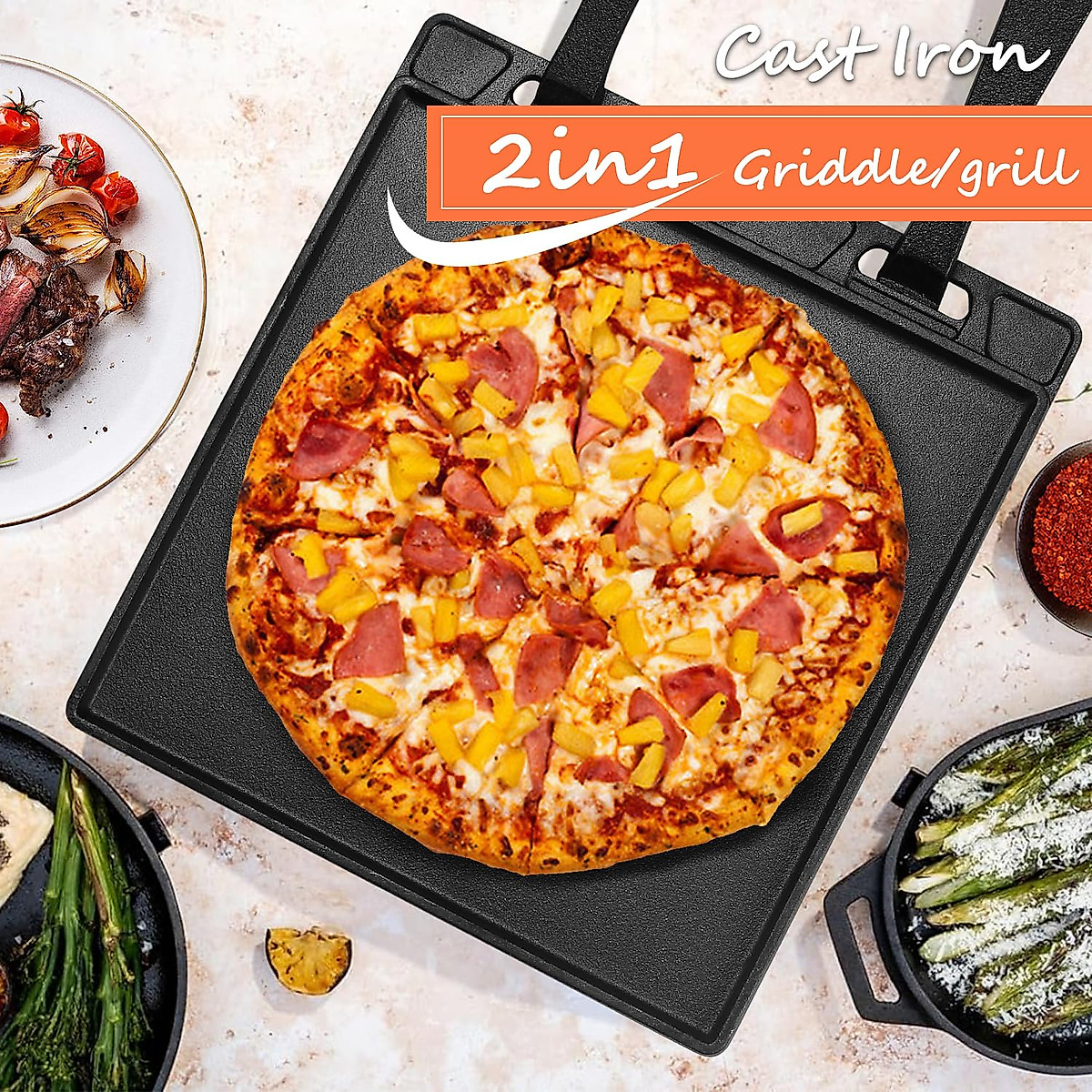 Cast Iron Reversible Grill Plate, Cast Iron Cookware with Removable Handle, Cast Iron Steak Plate Sizzle Griddle, Cast Iron Skillet Pan, Pre-Seasoned Cast Iron Oven Grill Pan (11.6"x12" Rectangular)