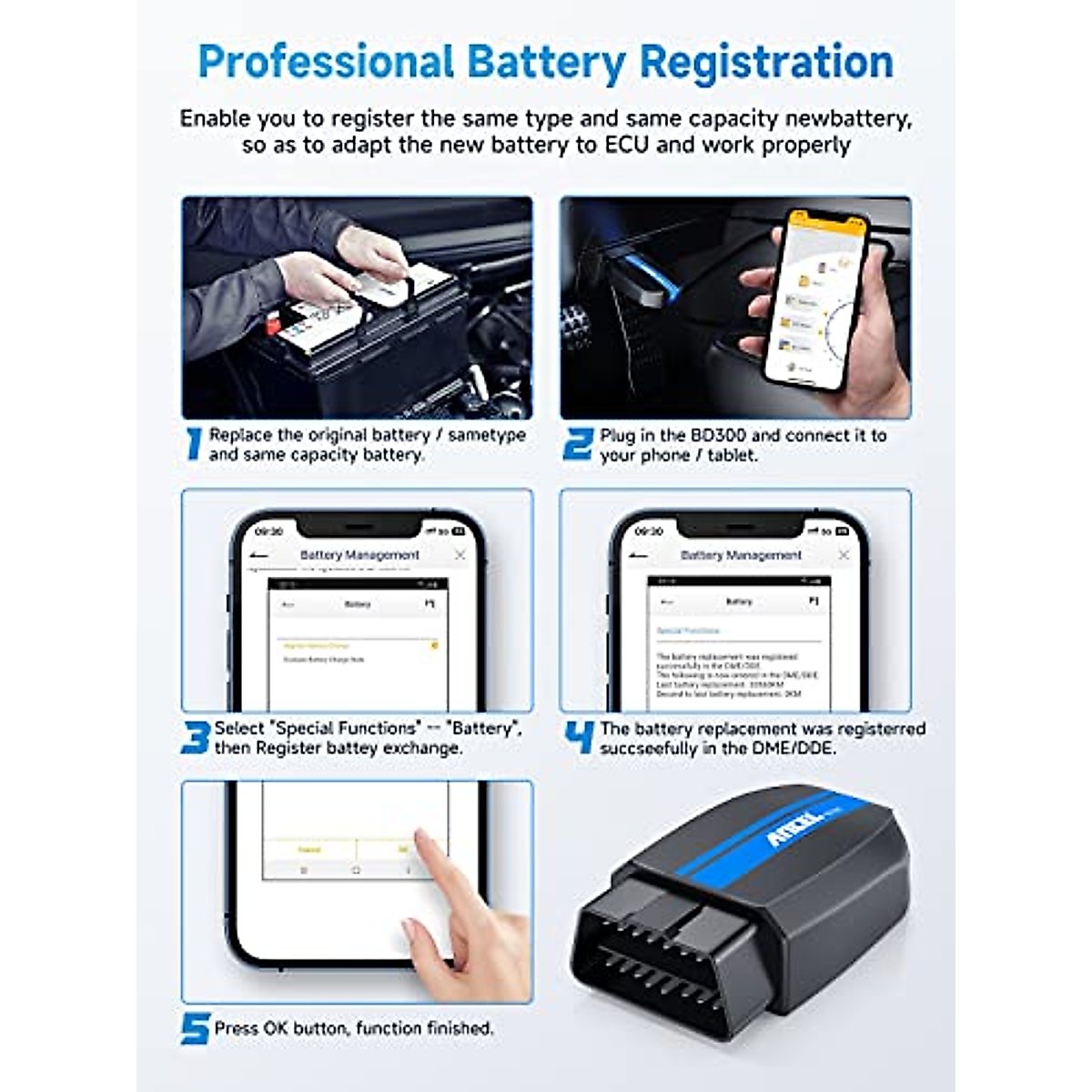 ANCEL BD300 OBD2 Scanner Bluetooth Fits for BMW Full System Code Reader Fits for BMW Diagnostic Tool with Battery Registration Tool Service EPB CBS ETC ABS Airbag & Powerful OBD2 Scanner for All Cars