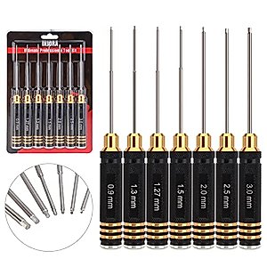 INJORA 7 PCs RC Hex Screw Driver Set, RC Repair Tools Kit, Allen Wrenches Sets, 0.9, 1.27, 1.3, 1.5, 2.0, 2.5, 3.0mm Hexagon Head Screwdriver Wrenches for RC Model Car Drone Boat Helicopter