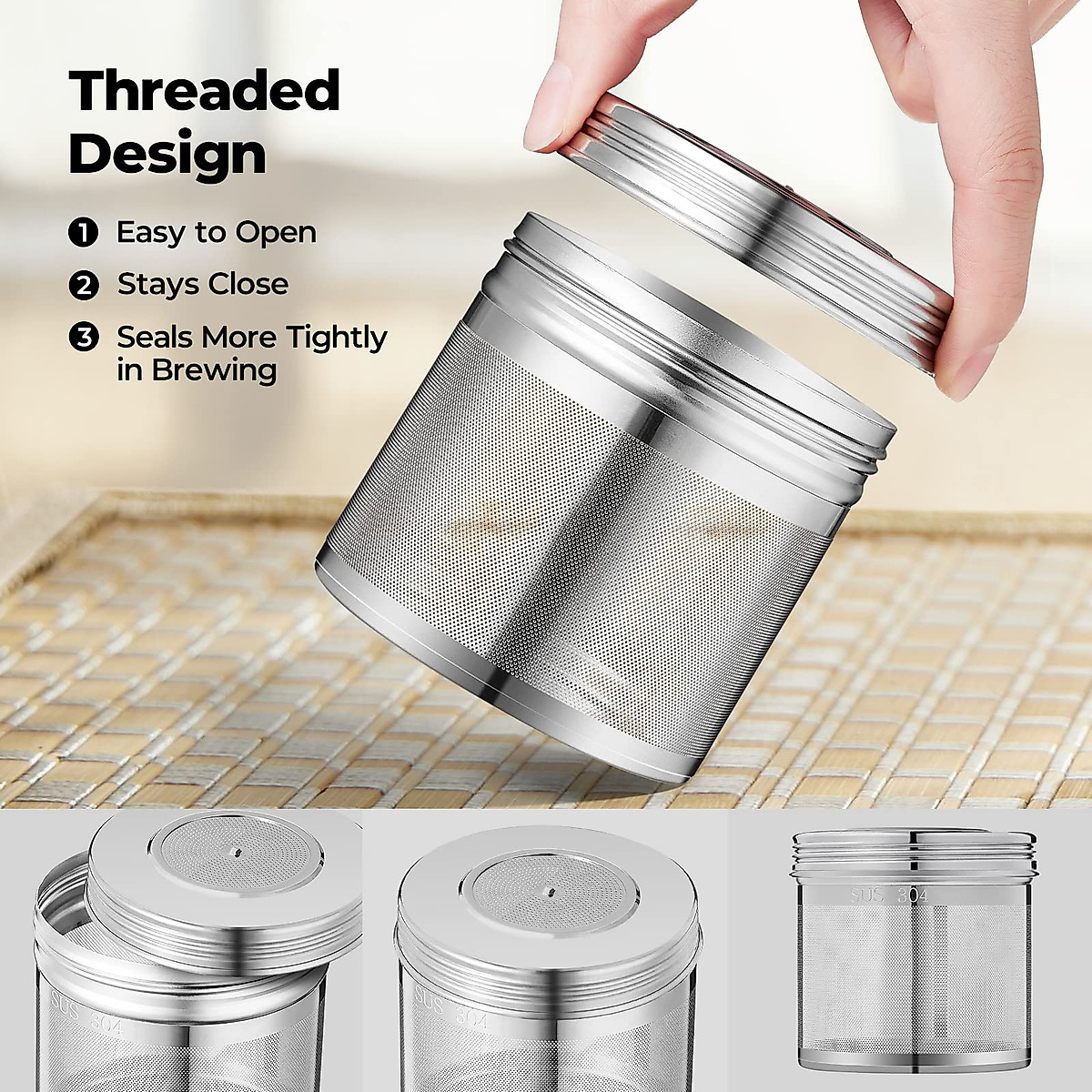 Reinmoson 2 Pack Large Tea Ball Infuser for Loose Leaf Tea & Spice Ball for Cooking Soup, 304 Stainless Steel, Threaded Lid, Chain Hook, Extra Fine Mesh Tea Strainer Ball for Herb, Iced Tea