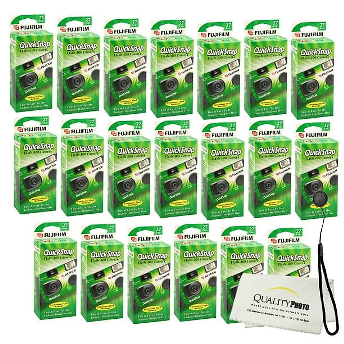 Fujifilm QuickSnap Flash 400 Disposable 35mm Camera 20 Pack Bonus Hand Strap Microfiber Cloth