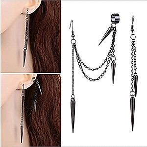 Retro Long And Short Rivet Earrings Ear Clips Fashion Goth Punk Tassel Earrings (black1)