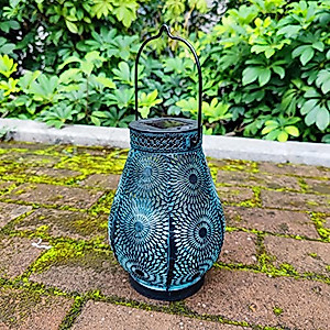 Solar Lantern Outdoor with Shepherd Hooks - Waterproof Metal Garden Solar Lights Hanging Lanterns Decorative - Solar Powered LED Lanterns with Handle for Patio Yard Pathway Walkway [Cyan-Blue]