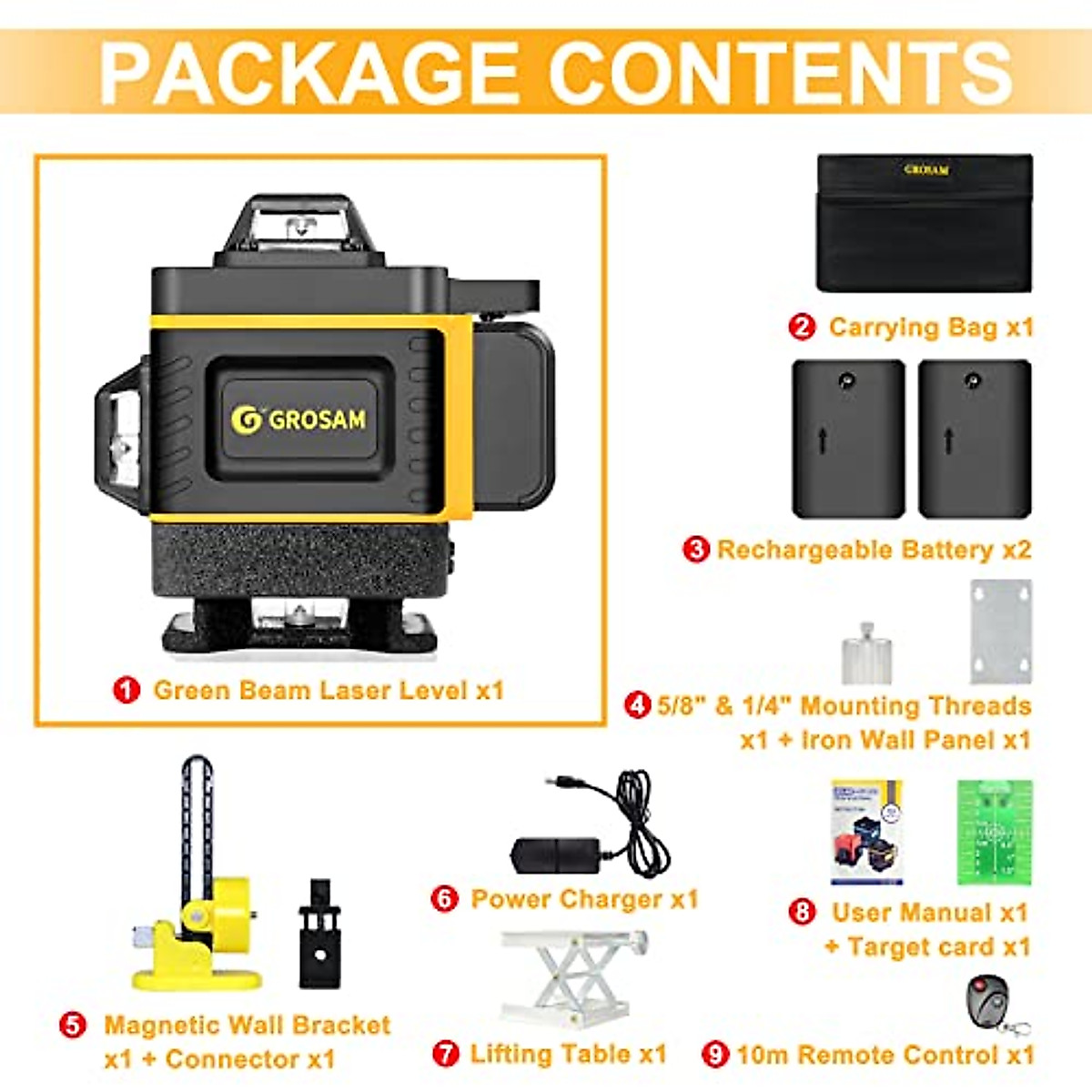GROSAM Laser Level, 16-line Green Laser Level For Self-leveling Of Buildings And Picture Hangings, Two 360° Vertical Lines And Two 360° Horizontal Lines With Battery Power Detection