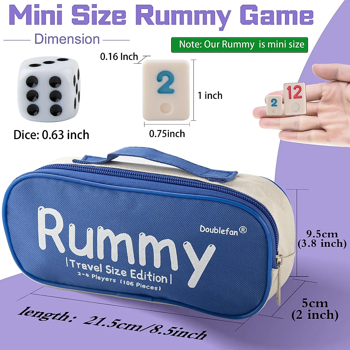 Doublefan Mini Rummy Set,Travel Size Rummy Game with Portable Bag, Mini Rummy Cube Game for Adult and Kids,106 Tiles, 4 Playing Rack, 1 Dice (2-4 Players)