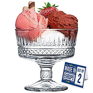 Crystalia Glass Ice Cream Bowls, Crystal Dessert Cups Set of 2, Clear Pedestal Bowls, Small Glass Bowls for Parfait, Trifle, Sundae and Cereal, Footed Desert Cups, Lead-Free Custard Cups