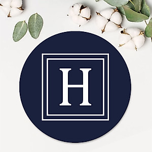 Round Label Stickers 1.5" Navy Blue Background White Letter Monogram Alphabet Initial H Label Stickers for Laptop Envelopes Seals Water Bottle Card Box Gift Bags Holiday Party Supplies,100 Pcs