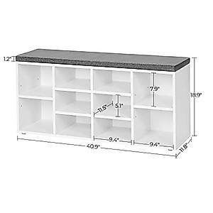VASAGLE Shoe Bench, Storage Bench, Shoe Rack Bench, Shoe Shelf, Storage Cabinet, 10 Compartments, with Cushion, for Entryway, 11.8 x 40.9 x 18.9 Inches, White and Gray ULHS10WT
