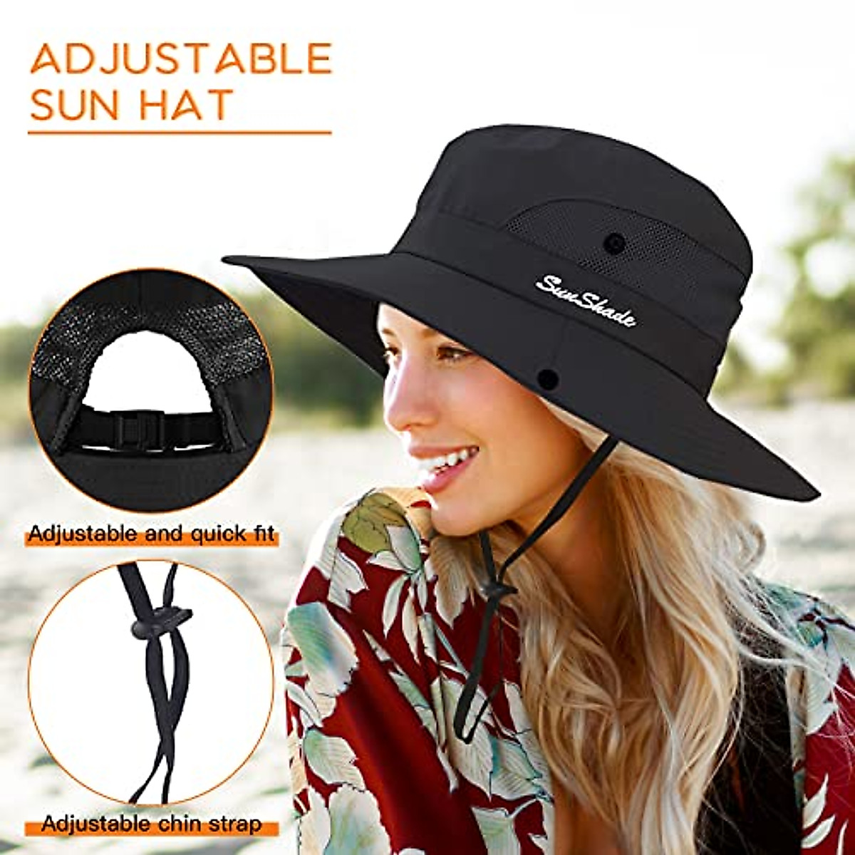 Sun Hats for Women Beach Hat Womens Sun Hat Ponytail Hat Sun Hat with Ponytail Hole for Women Black
