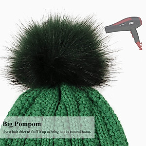Muryobao Women Satin Lined Beanie Hat Knit Cuffed Warm Winter Hats Faux Fur Pom Pom Silk Lining Slouchy Skull Cap Green