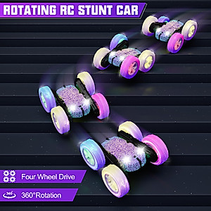 28℃ Remote Control Car Stunt RC Cars, 4WD Rechargeable RC Truck with Headlights Wheel Lights, Double Sided 360 Flips Stunt Toy Car for Kids Boys Girls 6 Year Old Christmas Birthday Gift (Purple)