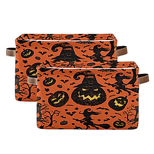 Wusikd Orange and Black Halloween Storage Basket Set of 1 Large Fabric Pumpkin Witch Storage Basket Bins Box Cube with Handles Collapsible Closet Shelf Clothes Organizer Basket for Nursery Bedroom