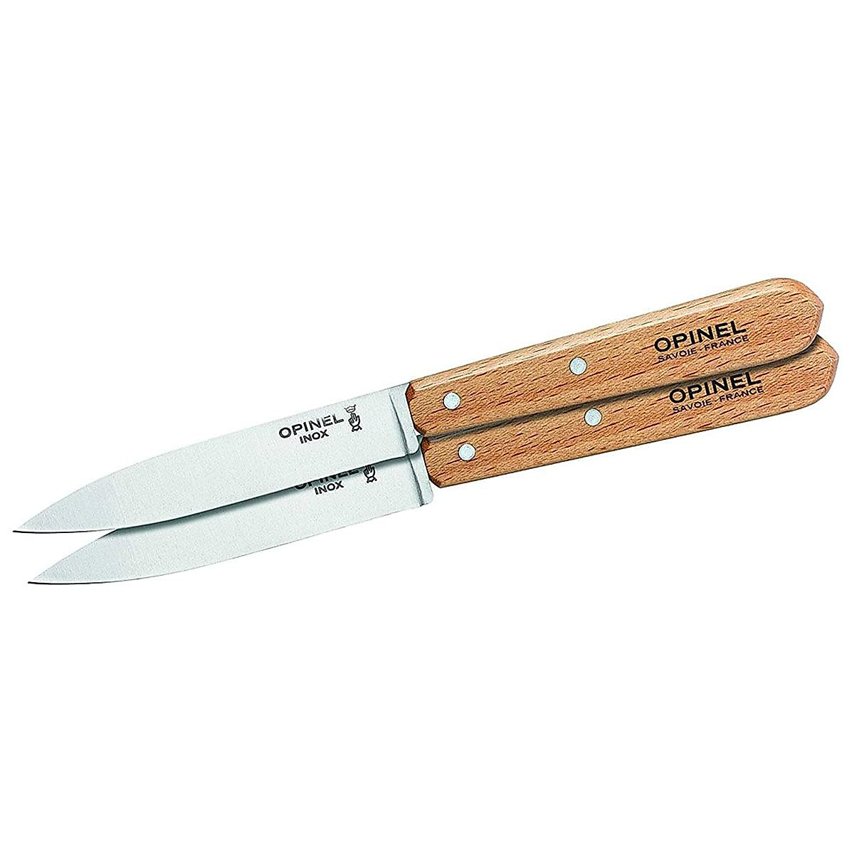 Opinel No. 112 Paring Knives 2 Piece Set, High Carbon Steel Everyday Use Prep Knives for Chopping, Peeling, Slicing, Trimming, Stabilized Sustainably Harvested Beechwood Handles, Made in France