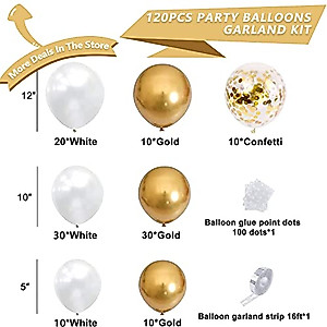 NISOCY White Gold Confetti Balloons Garland Arch Kit, 120 PCS 12in 10in 5in Latex Metallic Gold White Confetti Balloons for Birthday, Wedding, Anniversary, Celebrations, Prom Bridal Party Decoration