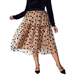 Floerns Women's Plus Size Heart Printed Contrast Mesh Frill Trim Flared Midi Skirt Apricot 2XL