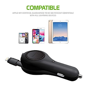 Cellet Retractable iPhone Car Charger with Lighting Cable (Apple MFI Certified) 10-Watt Compatible with iPhone 14 Pro Max Plus Mini SE 13 12 11 Xr Xs X 8 7 6 5 iPad, iPad Pro, iPad Air, iPad Mini
