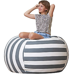 Aubliss Stuffed Animal Storage Bean Bag Chair Cover Only for Plush Toys, Blankets, X-Large 48"-Canvas Stripes Grey