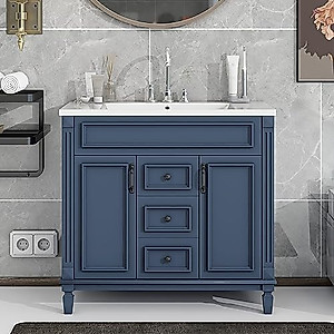 Aiuyesuo 36'' Modern Bathroom Vanity, Royal Blue Mirror Combo Stand Cabinet, Modern Bathroom Storage Cabinet with 2 Soft Closing Doors and 2 Drawers, Single Sink Bathroom Vanity