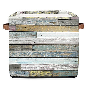 Aglebo Vintage Wood Storage Basket Collapsible Fabric Storage Box 13x13x13 Inches Square Cube Storage Bins with Handles for Home Living Room Closet Shelf Office Bedroom