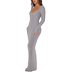 REORIA Women's Sexy Casual V Neck Long Sleeve Lounge Long Dress Elegant Fall Wedding Guest Tight Ribbed Bodycon Maxi Dresses Light Grey Small