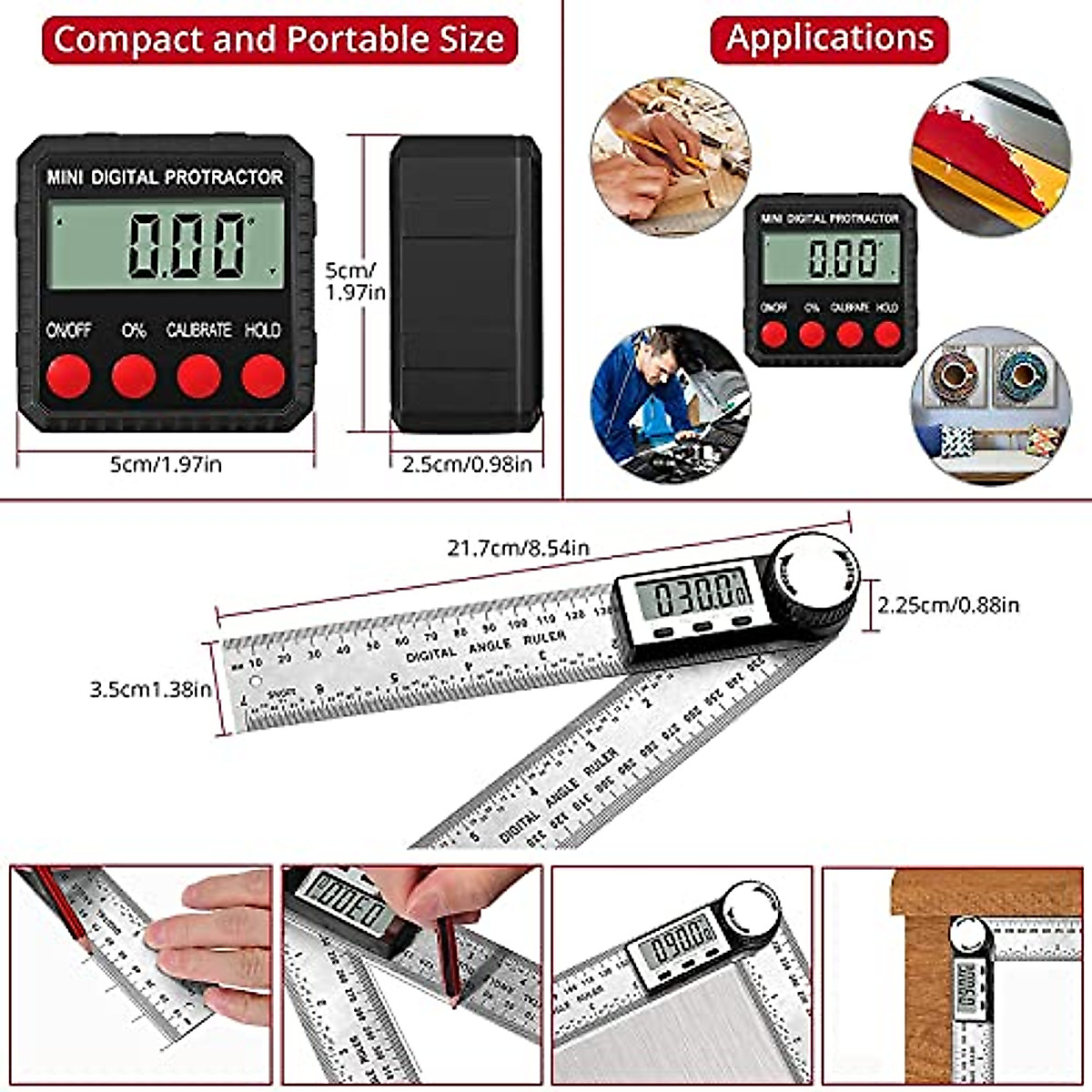 2-in-1 Angle Finder Protractor with Miter Calculator, XUNTOP 0~230° 400mm Digital Torpedo Level Angle Finder Gauge Meter IP54 Protected Electronic Bubble Inclinometer