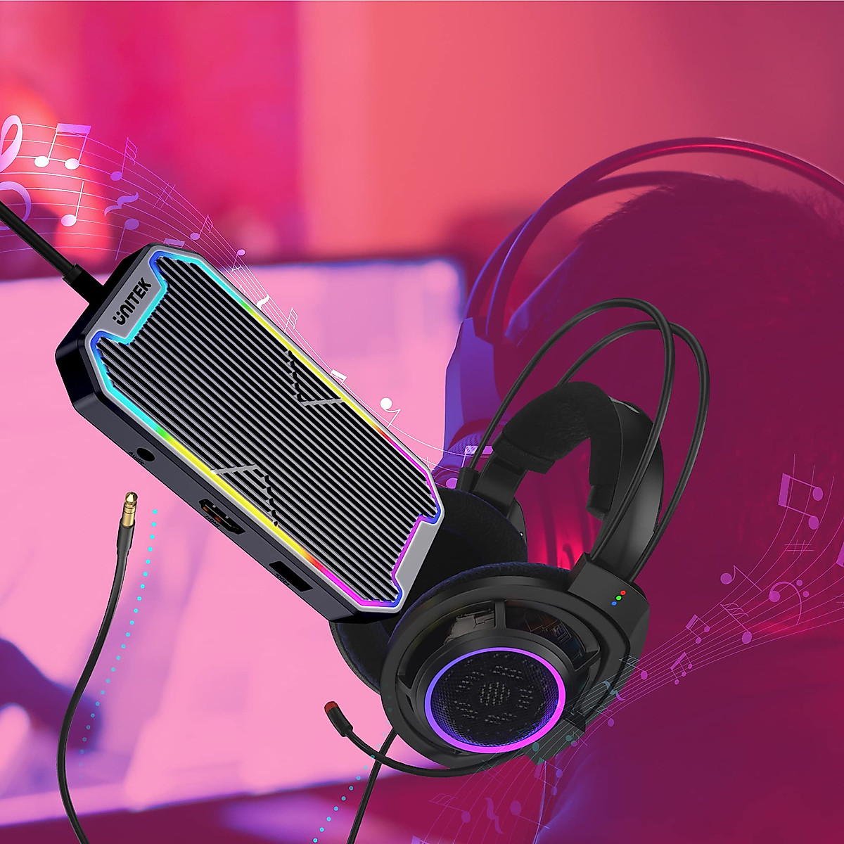 Unitek D1029A - uHUB S7+ 7-in-1 USB-C Hub with 10Gbps Data, HDMI and PD 100W / HDMI 2.0, USB 3.2 Gen 2 / Active/USB-C / 2X USB-A Port / 2X USB-C Port/Mini Jack 3.5 mm/RGB LED Lights