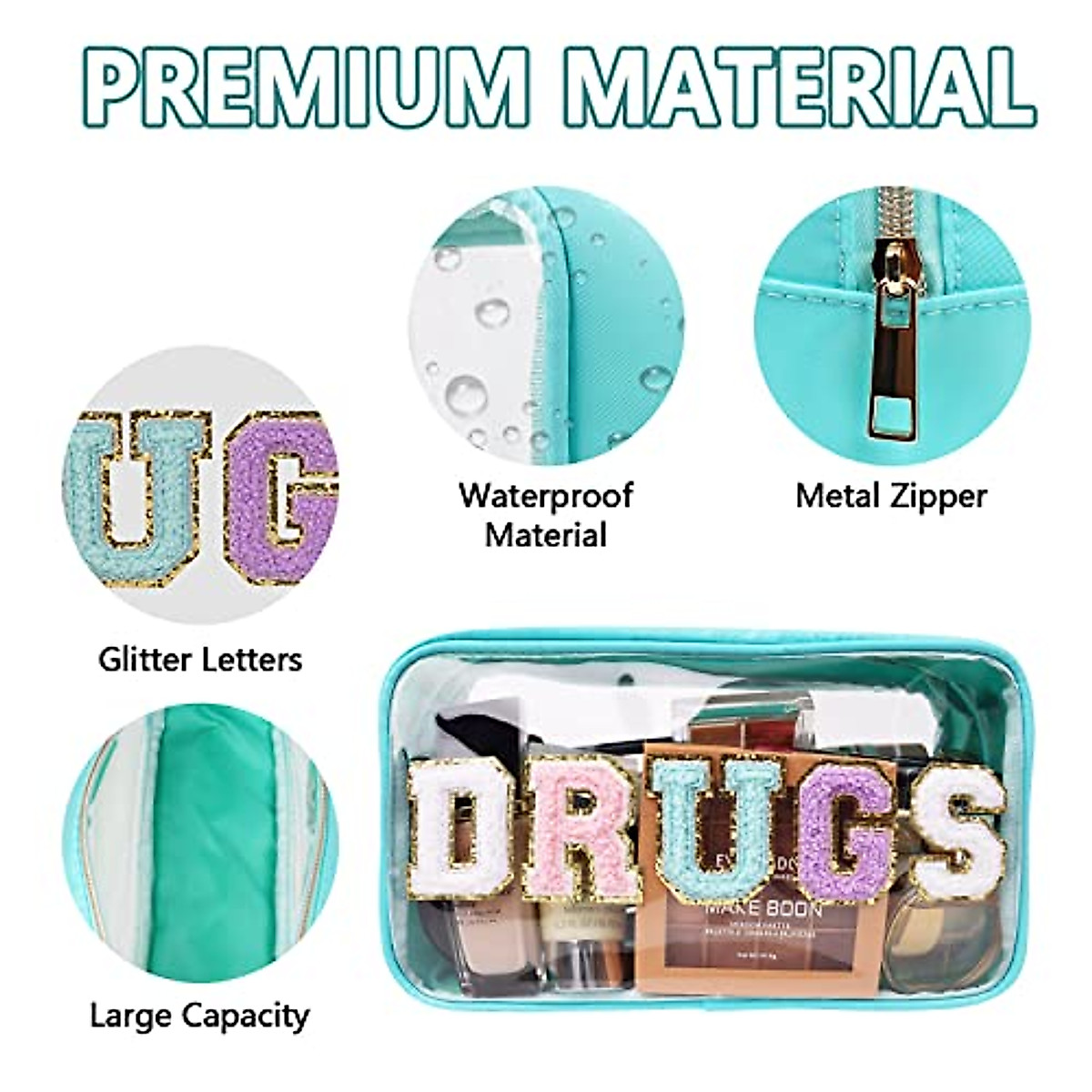 Iqimott Preppy Patch Clear Makeup Bag, Women Chenille Letter Cosmetic Bag for Travel, Nylon Waterproof Organization Outdoor Zipper Pouch Toiletry Bag for Women Girls(Green)
