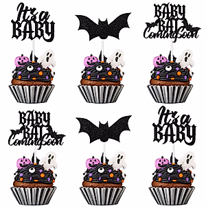 kreat4joy Halloween Gothic Baby Shower Decorations Cupcake Toppers, 36pcs Bat Baby Shower Decorations Baby Bat Coming Soon It's a Baby Cupcake Toppers for Bat Theme Halloween Baby Shower
