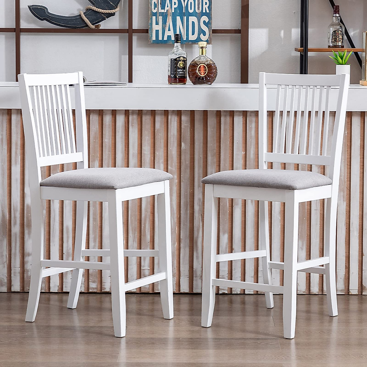 DUHOME Wood Bar Stools Set of 2, Counter Height Chairs Upholstered Barstool with Backrest Farmhouse Counter Stools for Kitchen Islands, White