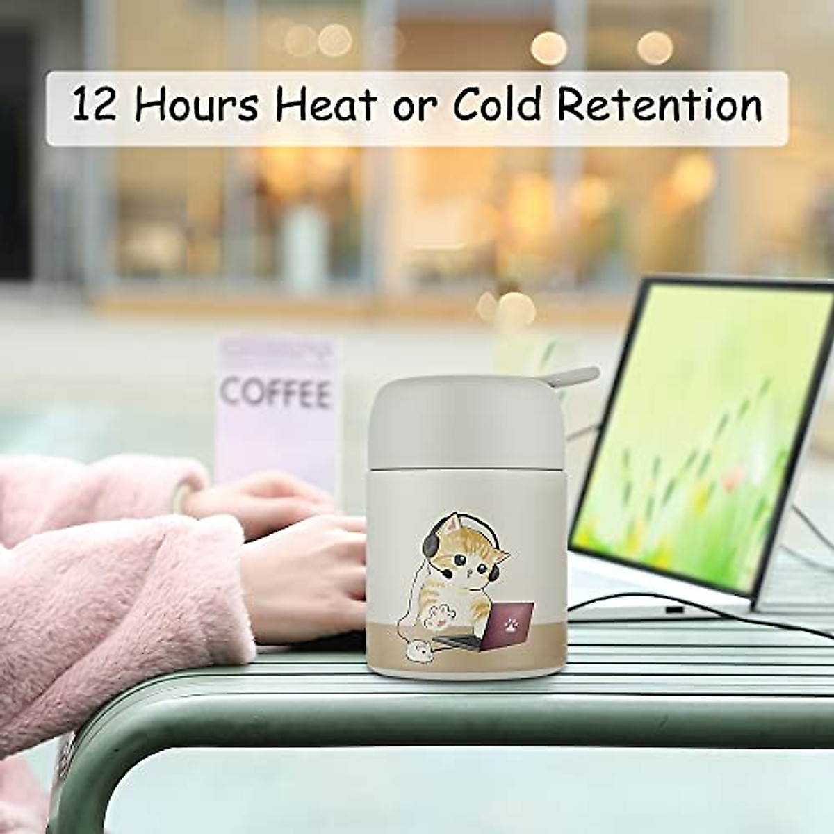 Funkrin 16oz Thermos for Hot Food, Stainless Steel Lunch Box for Kids Adults, Insulated Food Jar with Folding Spoon, Vacuum Leak Proof Soup Container for Hot & Cold Food