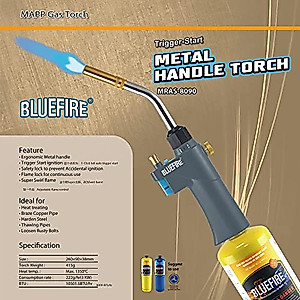 BLUEFIRE BTS-8090 Auto ON/OFF Trigger Start Heavy Duty Gas Welding Torch Head Adjustable Swirl Flame Hand Hold Portable Fuel by MAPP/MAP Pro/Propane 1lb Bottle Tank (Torch Kit with MAPP Cylinder)
