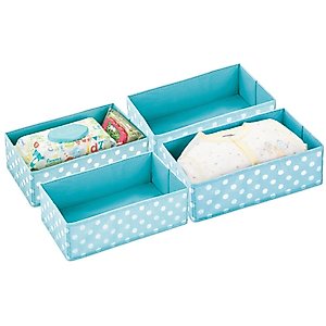 mDesign Fabric Drawer Organizer Bins, Kids/Baby Nursery Dresser, Closet, Shelf, Playroom Organization, Hold Clothes, Toys, Diapers, Bibs, Blankets, 4 Pack - Turquoise Blue/White Polka Dot
