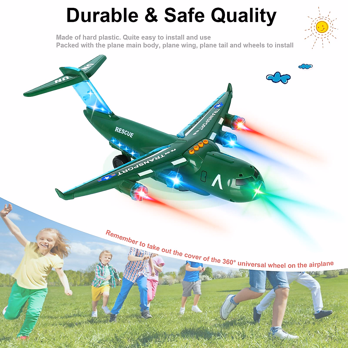 Airplane Toy, LiveGo Bump and Go Electric Detachable Plane Toys with LED Flashing Light Music Remote Control Battery Operated for Kids Boys Girls Toddler Travel 3-7 Year Old Birthday Gift, Green