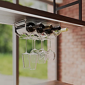 Wallniture Piccola Under Cabinet Wine Rack & Glasses Holder Kitchen Organization with 4 Bottle Organizer Metal Chrome