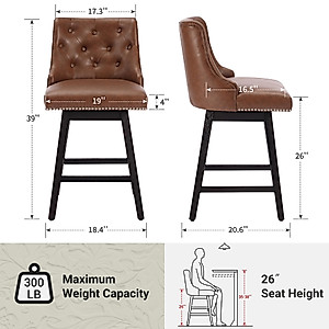 Busaurus Swivel Bar Stools Counter Height, 26" Faux Leather Upholstered Swivel Counter Stools with Back Set of 1, Modern Kitchen Island Stools with Solid Wood Legs, Brown