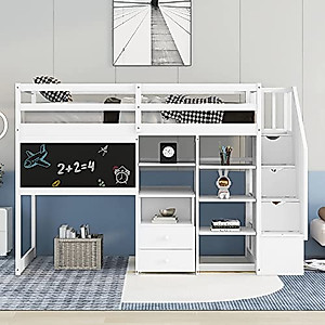 TARTOP Twin Size Loft Bed with Pullable Desk and Storage Shelves Under Bed,Wood High Loft Bed with Staircase and Blackboard, Twin Size Loft Bed Frame for Kids, Teens, Adults, White