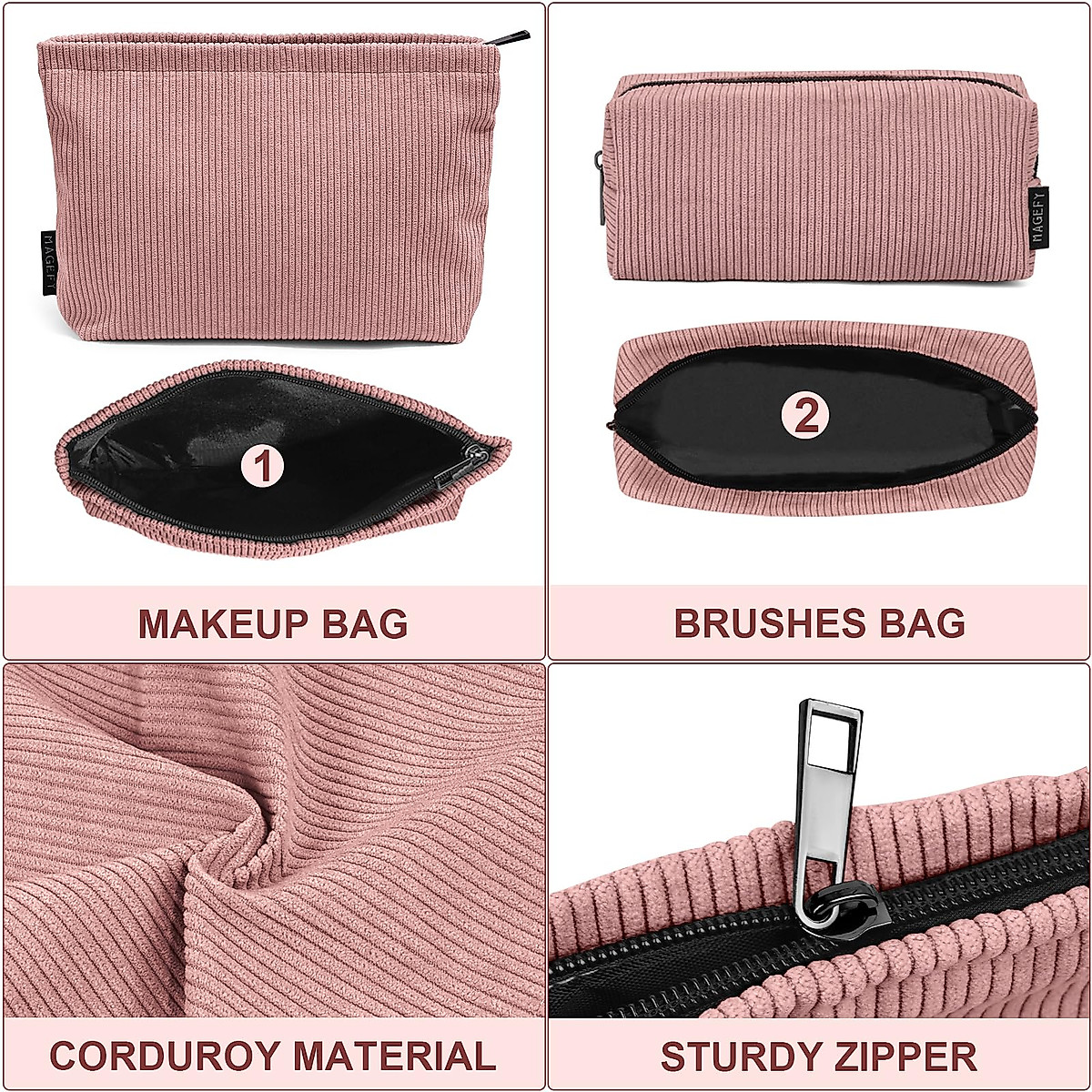MAGEFY 2 Pcs Makeup Bags for Women, Corduroy Make up Bag for Purse Travel Makeup Bag Small Cosmetic Bags with Zipper Makeup Pouch for Travelling - Dusty Pink