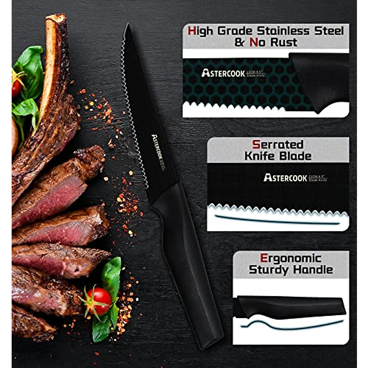 Astercook Steak Knives, Steak Knives Set of 8, Dishwasher Safe High Carbon Stainless Steel Serrated Steak Knife, Black