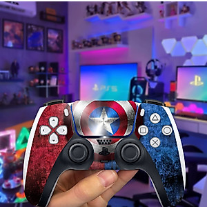 HK Studio Captain Shield Decal Sticker Skin Specific Cover for Both PS5 Disc Edition and Digital Edition - Waterproof, No Bubble, Including 2 Controller Skins and Console Skin