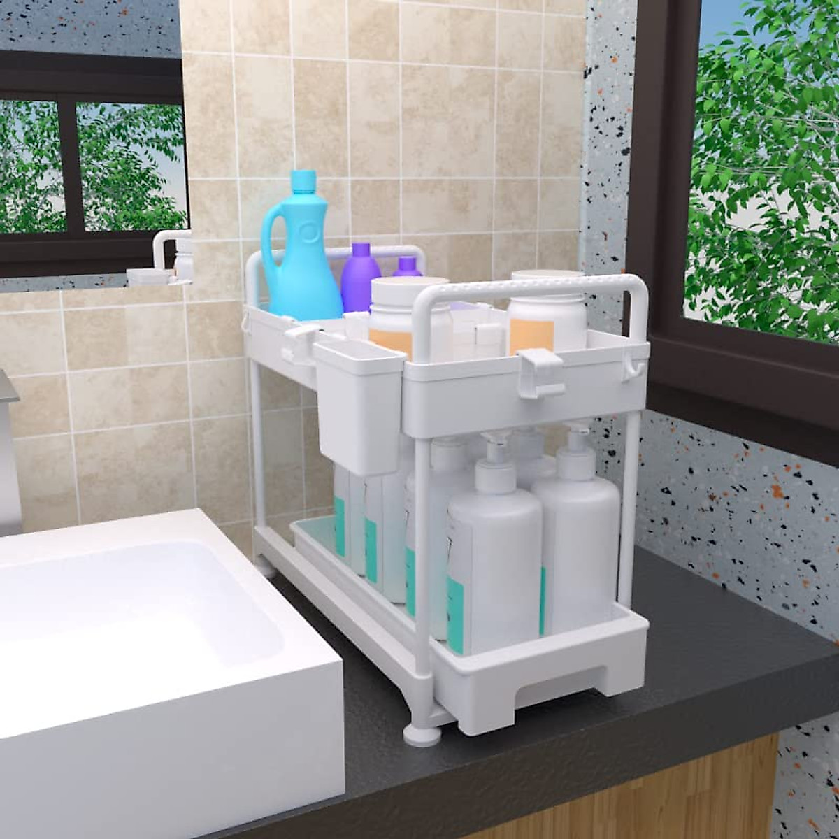 Under Sink Organizer, Sliding Cabinet Basket Organizer 2 Tier Under Bathroom Storage Rack with Hooks, Hanging Cup, Dividers, Multi-purpose Storage Shelf for Bathroom Kitchen (White)