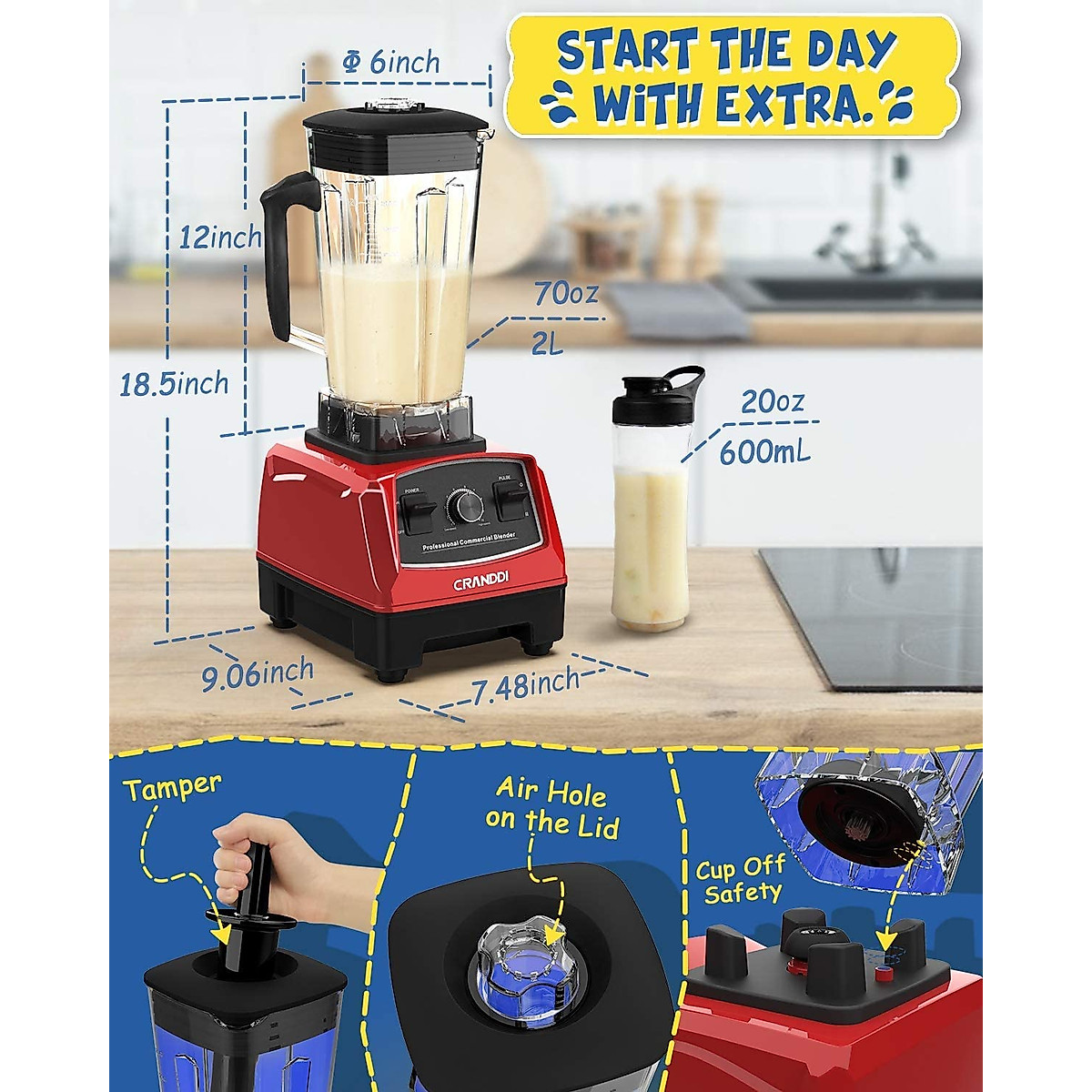 CRANDDI Professional Blender,1500 Watt Commercial Blenders for Kitchen with 70oz BPA-Free Pitcher and Self-Cleaning, Countertop Blenders for Shakes and Smoothies, Build-in Pulse, YL-010-R