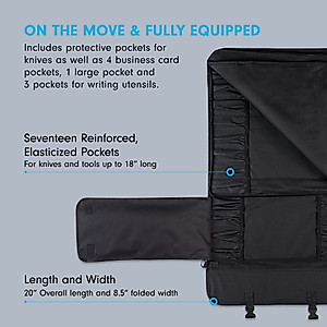 Messermeister 17-Pocket Knife Case with Large Outer Pocket, Black - 17 Elasticized, Reinforced Pockets for Culinary Tools - Holds Up to 18” Knives - Functional, Stylish & Durable